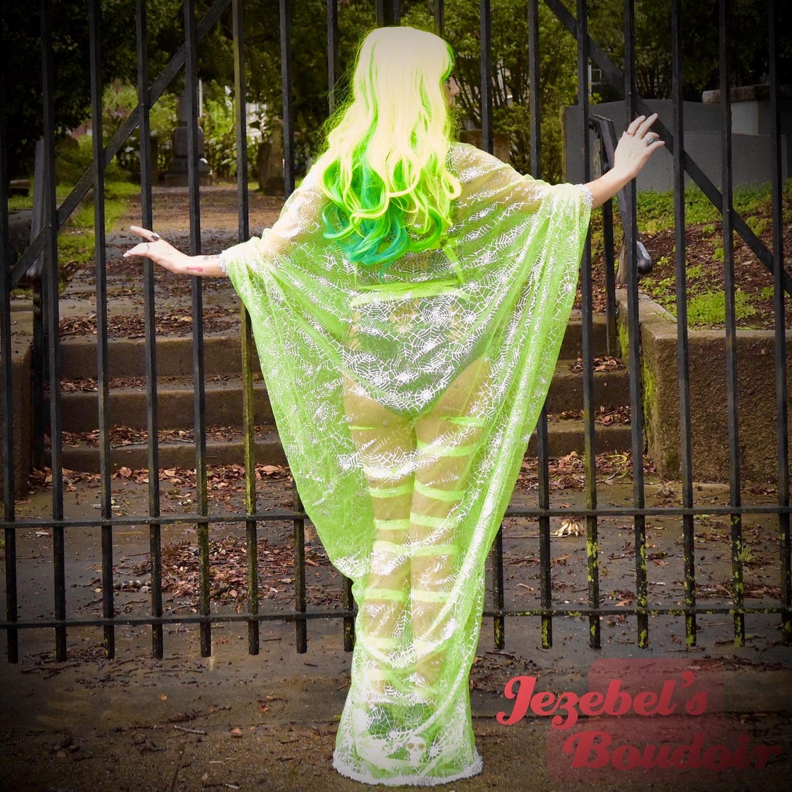 Neon Gothic Duster, Sheer Spider Web Robe, Lime Bat Wing Wrap, Witchy ...