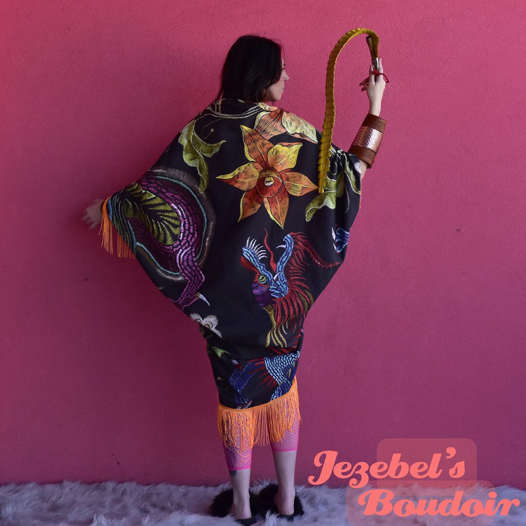 Dragon Bat Wing Duster, Floral Goth Chinese Zodiac Costume, Fringe ...