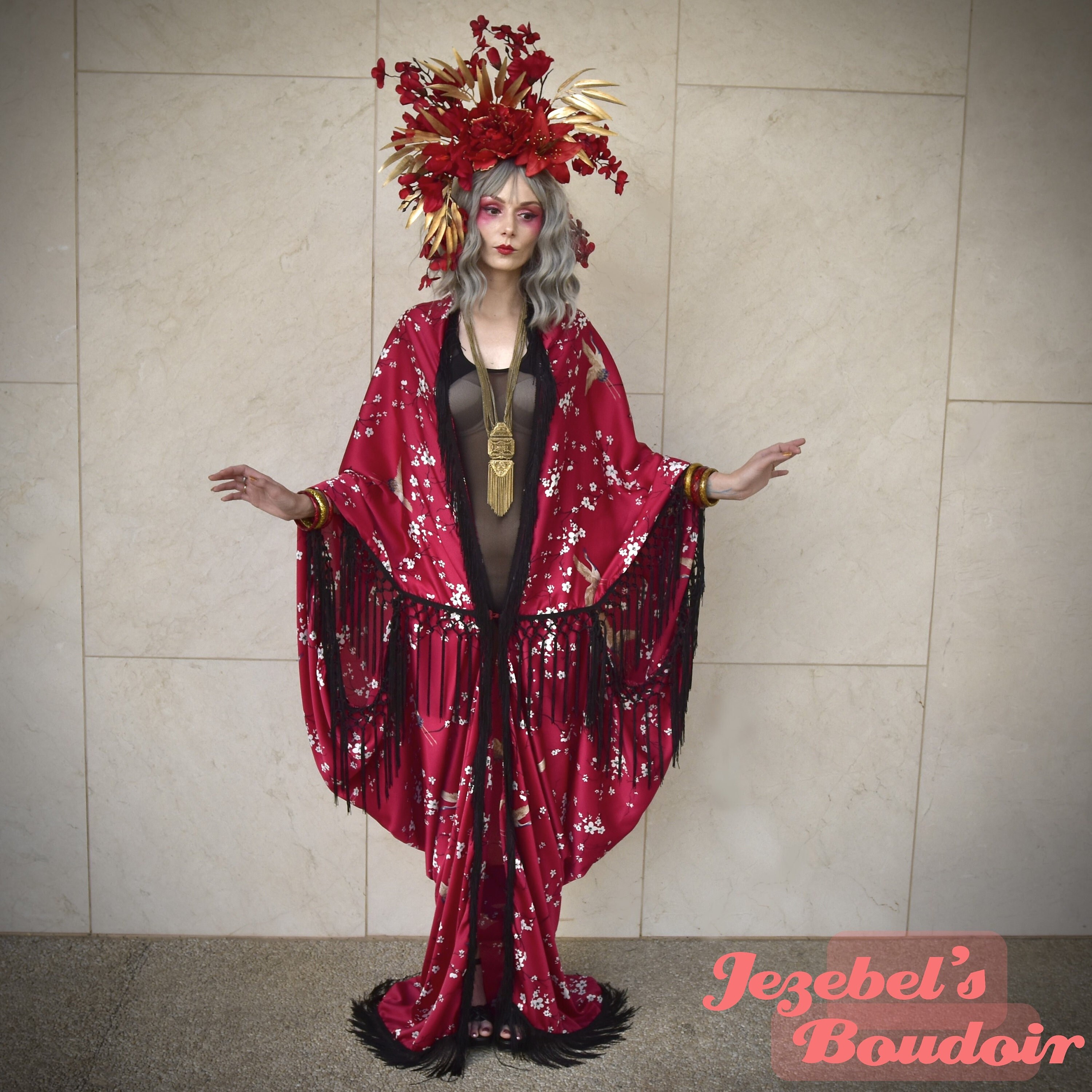 Japanese Cherry Blossom Crane Kimono, Satin Bat Wing Tiki Caftan, Fringe Robe, Geisha Flowing ...