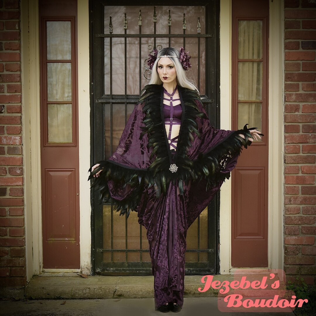 Burn Out Velvet Bat Wing Kimono, Feather Fringe Vampire Duster ...
