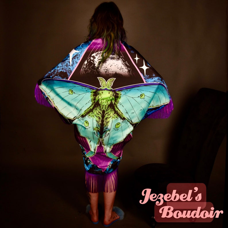 Luna Moth Witch Moon Star Fringe Kimono, Teal Fortune Teller Oracle ...
