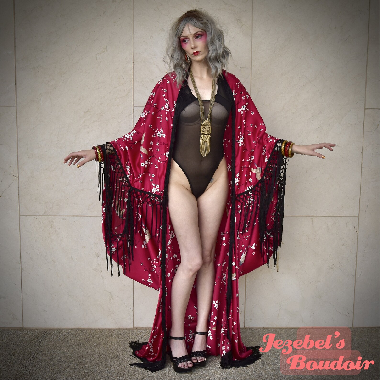 Japanese Cherry Blossom Crane Kimono, Satin Bat Wing Tiki Caftan, Fringe Robe, Geisha Flowing ...