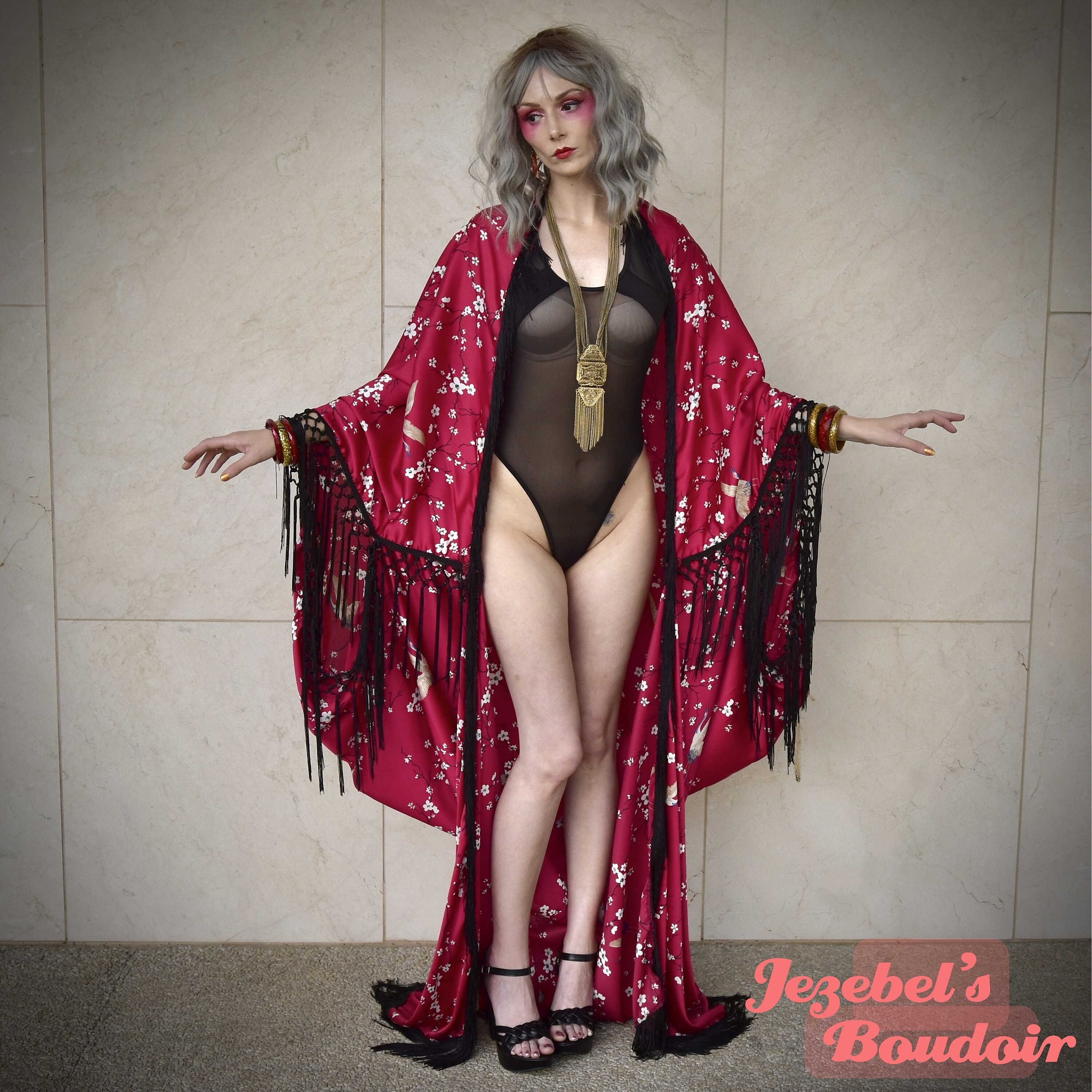 Japanese Cherry Blossom Crane Kimono, Satin Bat Wing Tiki Caftan, Fringe Robe, Geisha Flowing ...