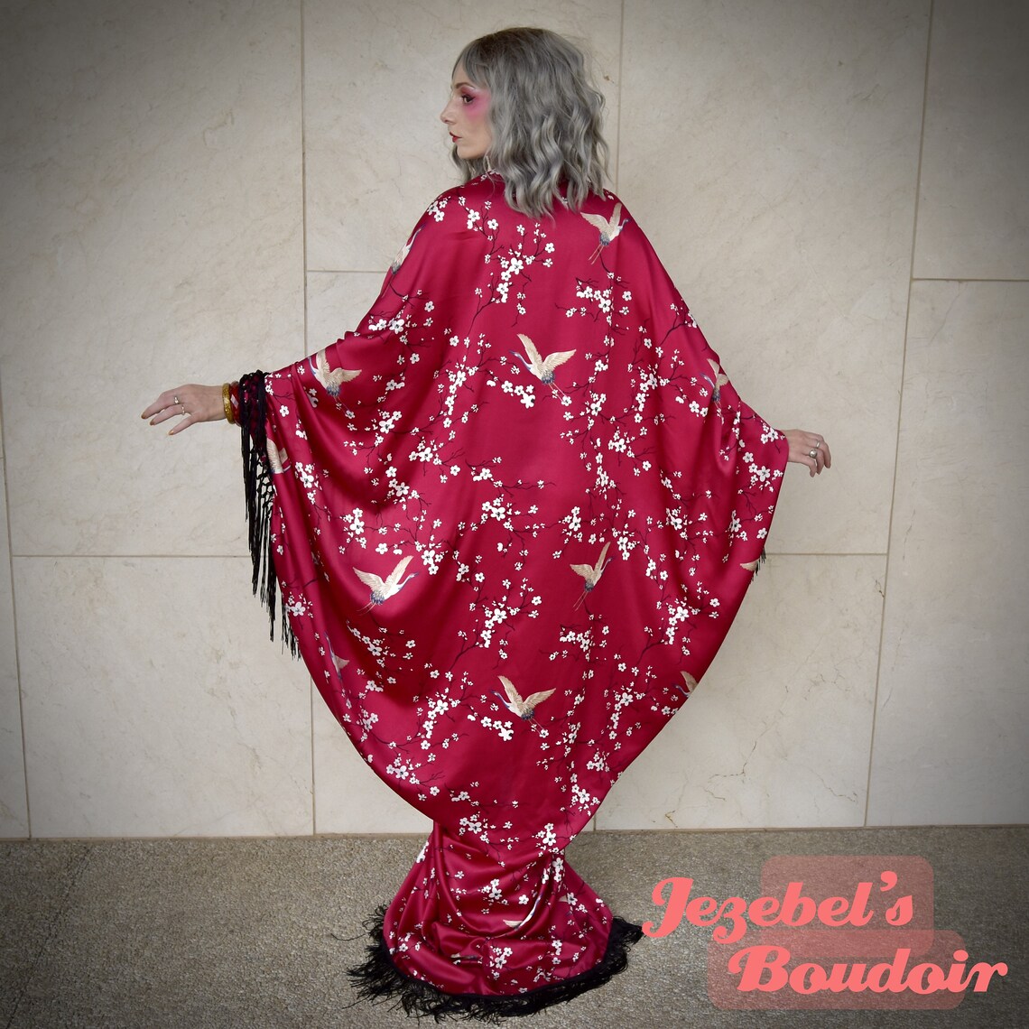 Japanese Cherry Blossom Crane Kimono, Satin Bat Wing Tiki Caftan, Fringe Robe, Geisha Flowing ...