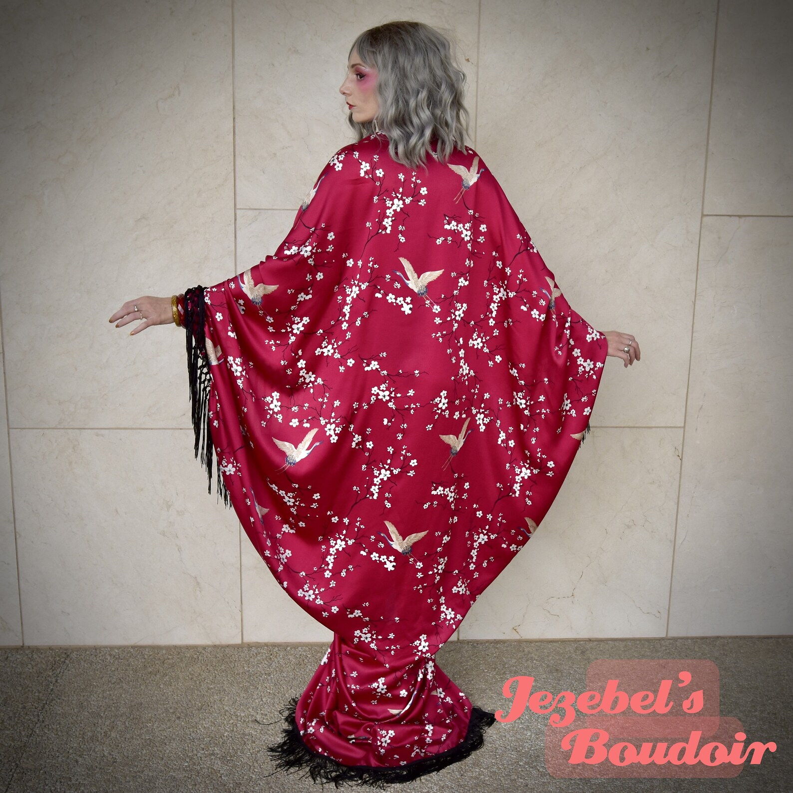 Japanese Cherry Blossom Crane Kimono, Satin Bat Wing Tiki Caftan ...