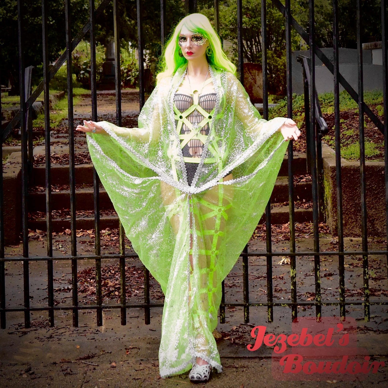 Neon Gothic Duster, Sheer Spider Web Robe, Lime Bat Wing Wrap, Witchy ...