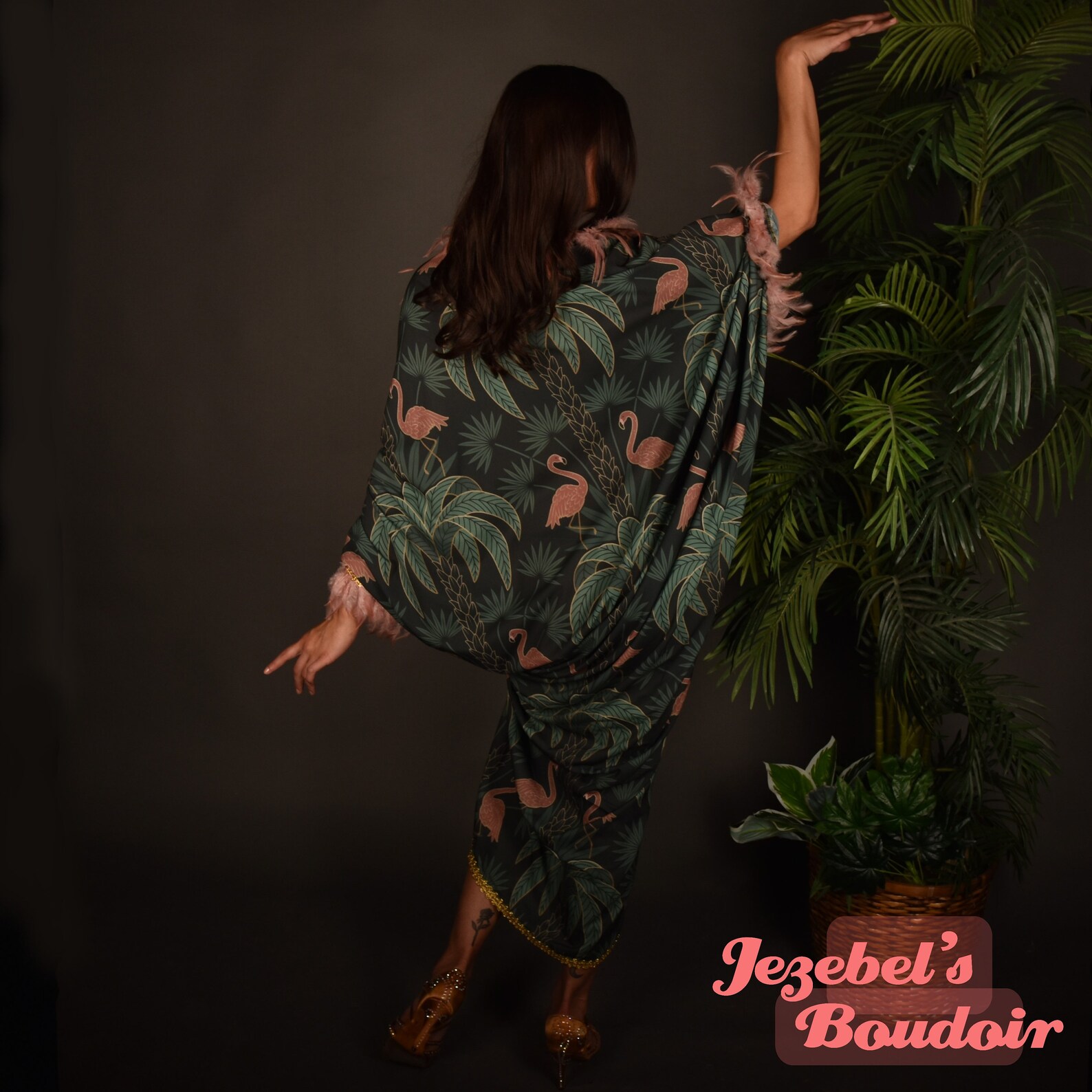 Tiki Caftan Flamingo Kimono Feather Fringe Kaftan Mauve Hukilau Jewel ...