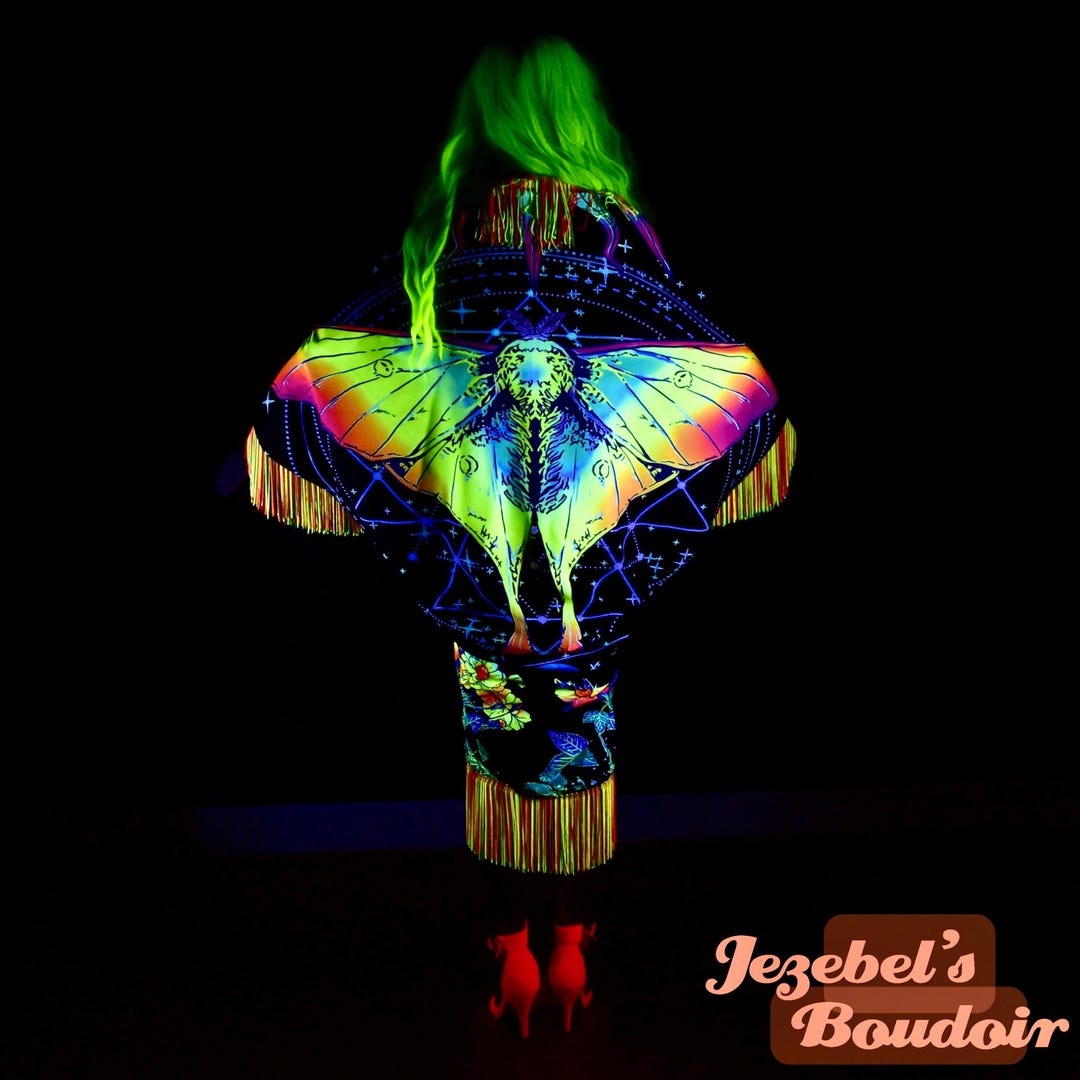 Neon Luna Moth Duster, UV Glow Witch Moon Phases Fringe Kimono, Rave ...