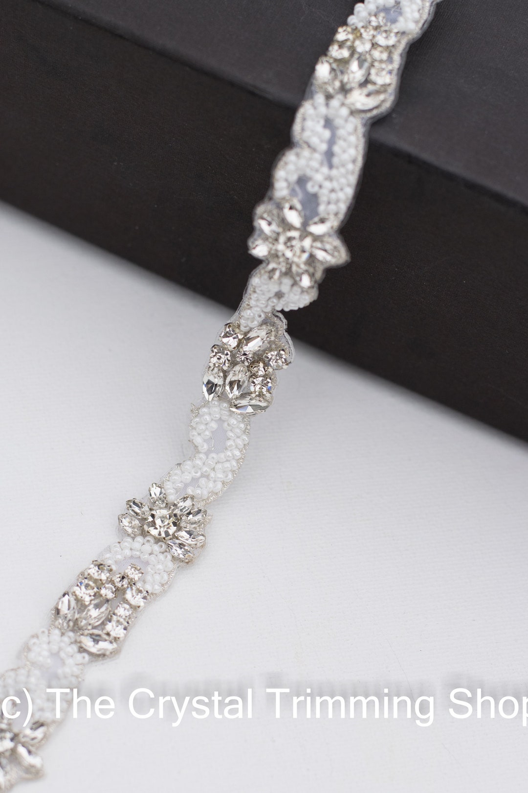 White Bead Rhinestone Applique- Ultra Thin Rhinestone Trim- Silver ...