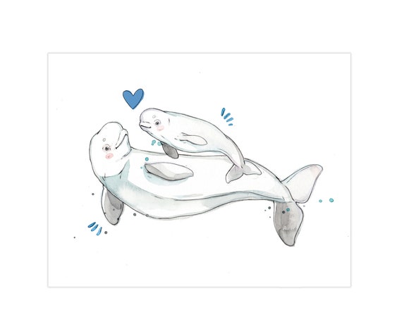 Beluga Mother and baby Illustration of Marine Animals | Etsy