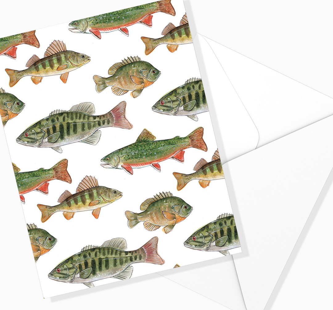 Freshwater Fish Pattern Card Fisherman Nature Stationery Watercolor ...