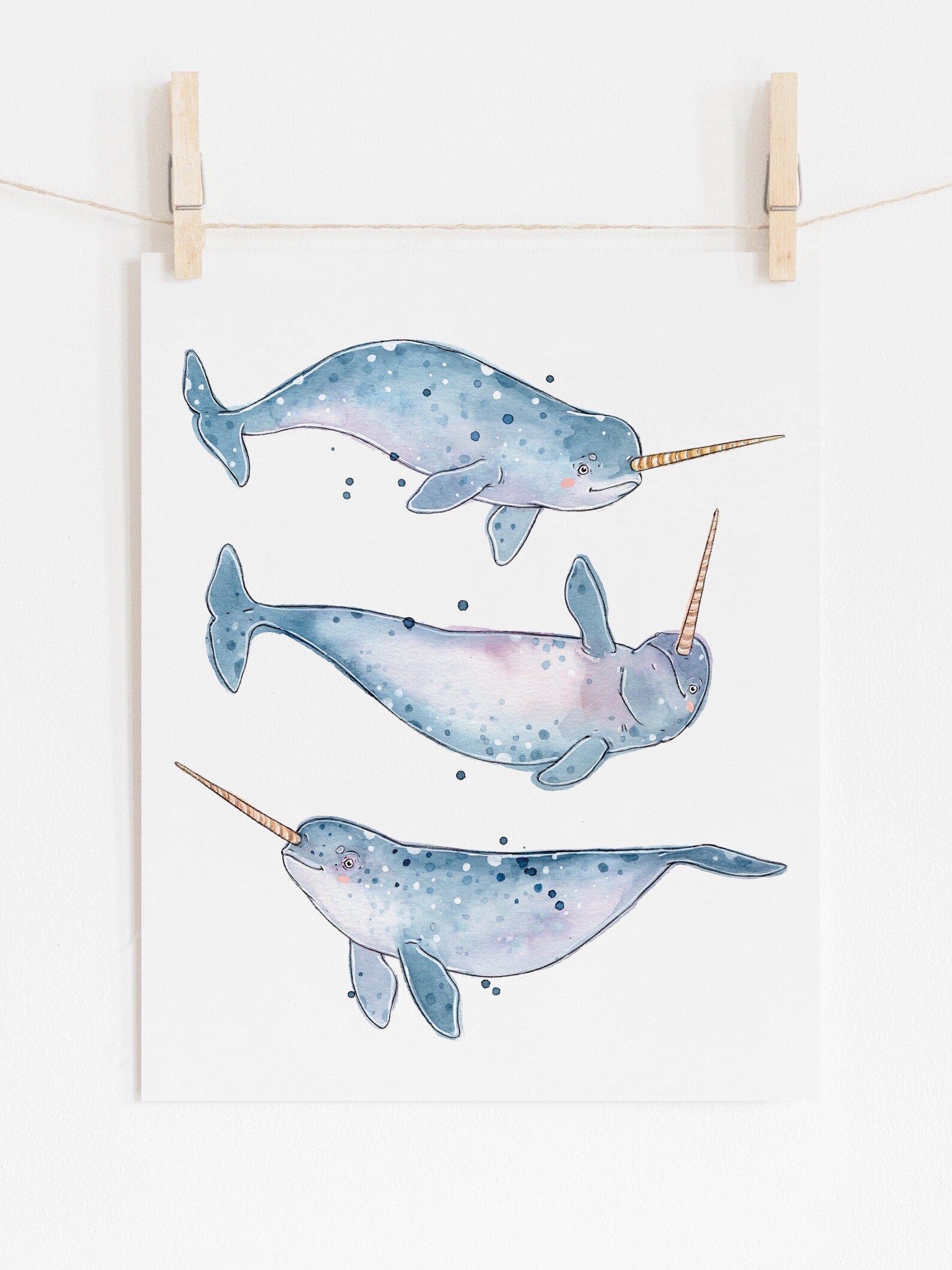 Poster the Trio of Narwhals Whale Illustration Watercolor of Whale ...