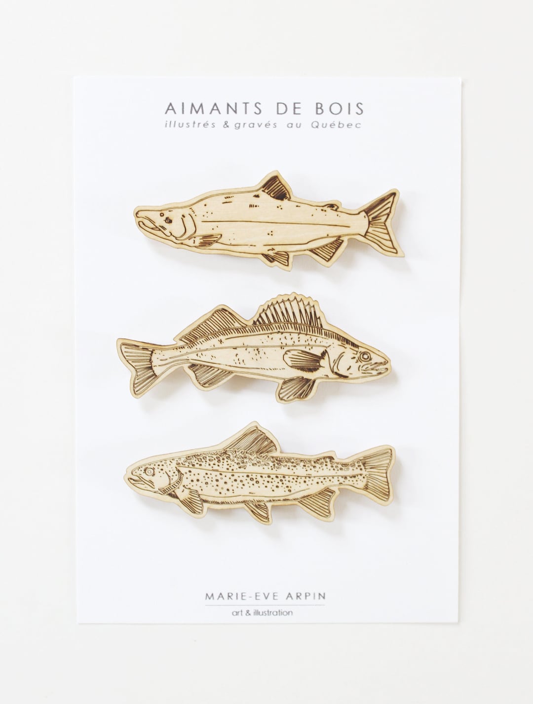 WOOD MAGNETS SET Fish From Quebec Walleye Salmon Trout Laser Engraving ...