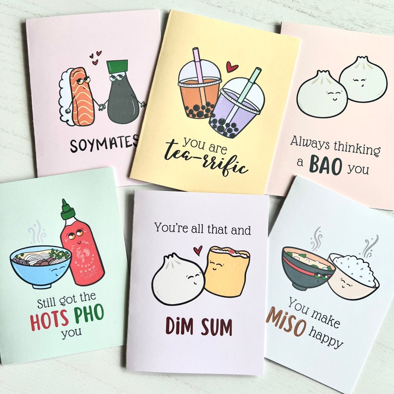 Food Pun Card Set of 6 Asian Food Love, Anniversary, & Valentine's Day ...