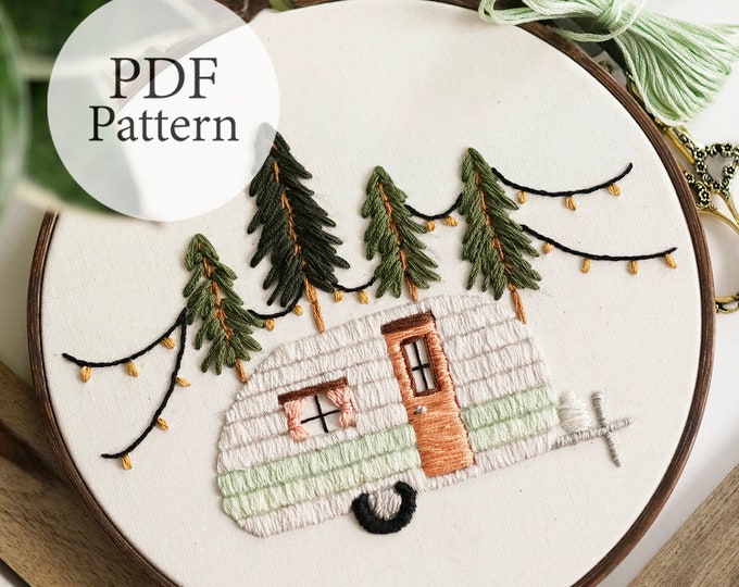 Caravan, Camper Van, Cute Whimsical, Flowers, Garden, House Sampler ...