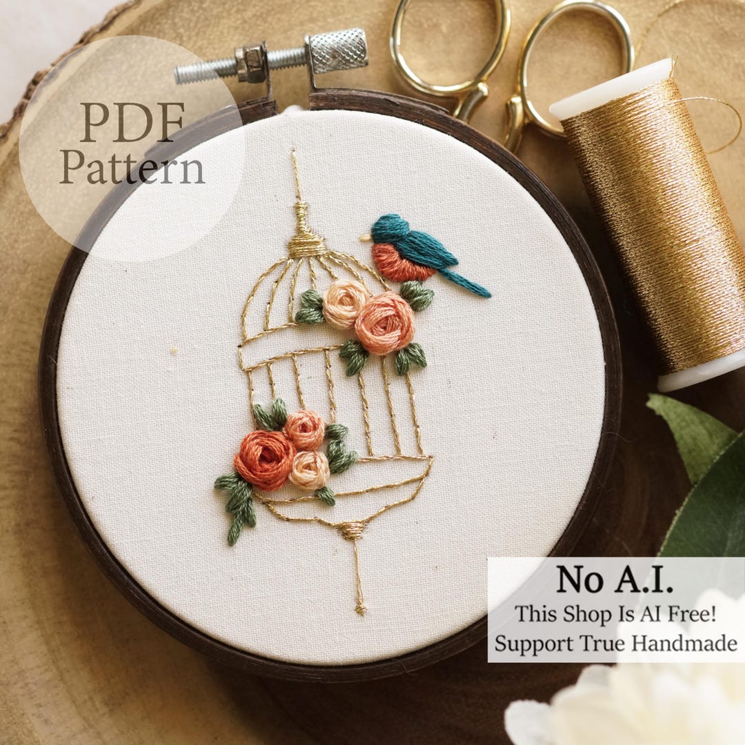 PDF Pattern - 4" Golden Bird Cage - Step by Step Beginner Embroidery ...