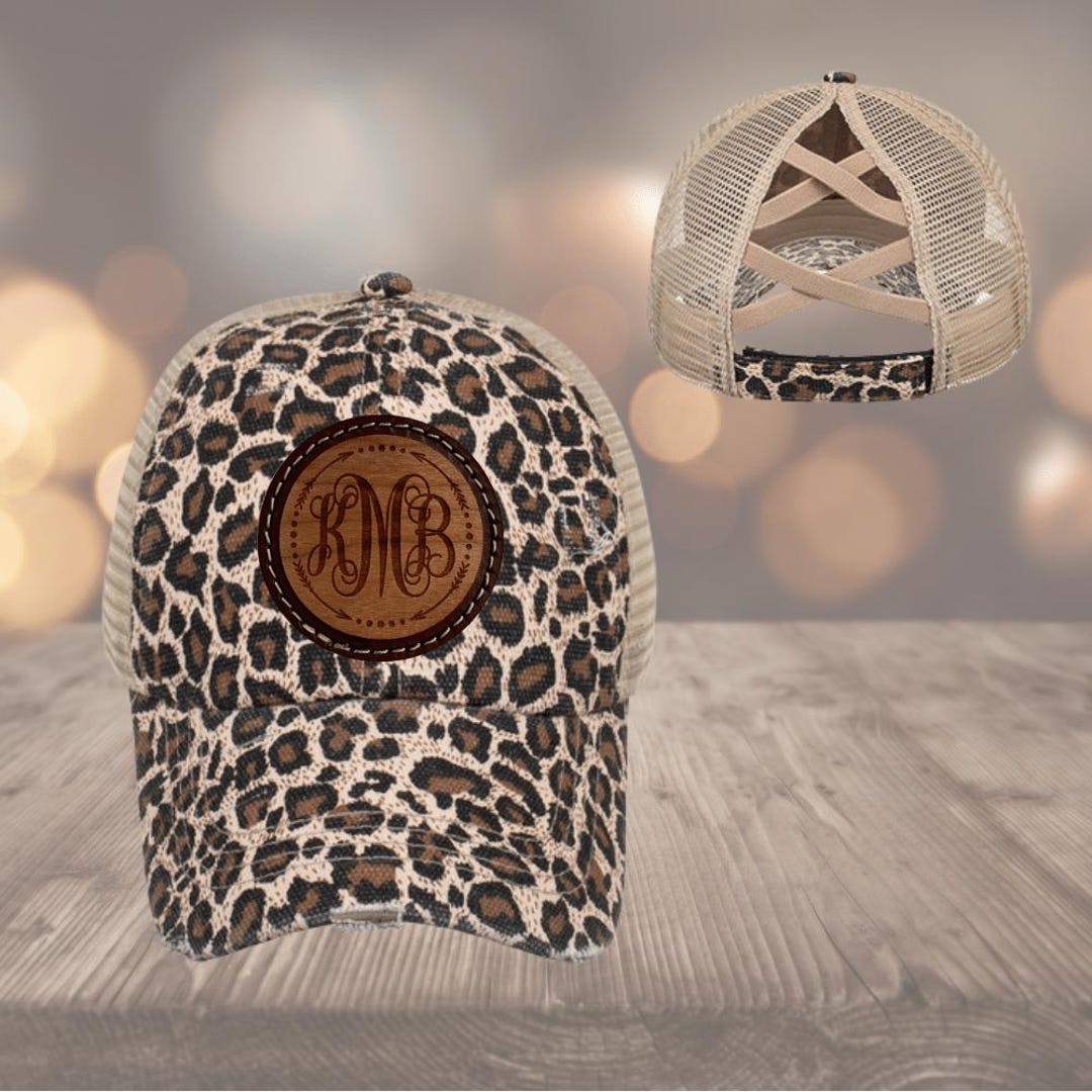 Personalized Ponytail Hat With Monogram Wood Veneer on Leather - Etsy
