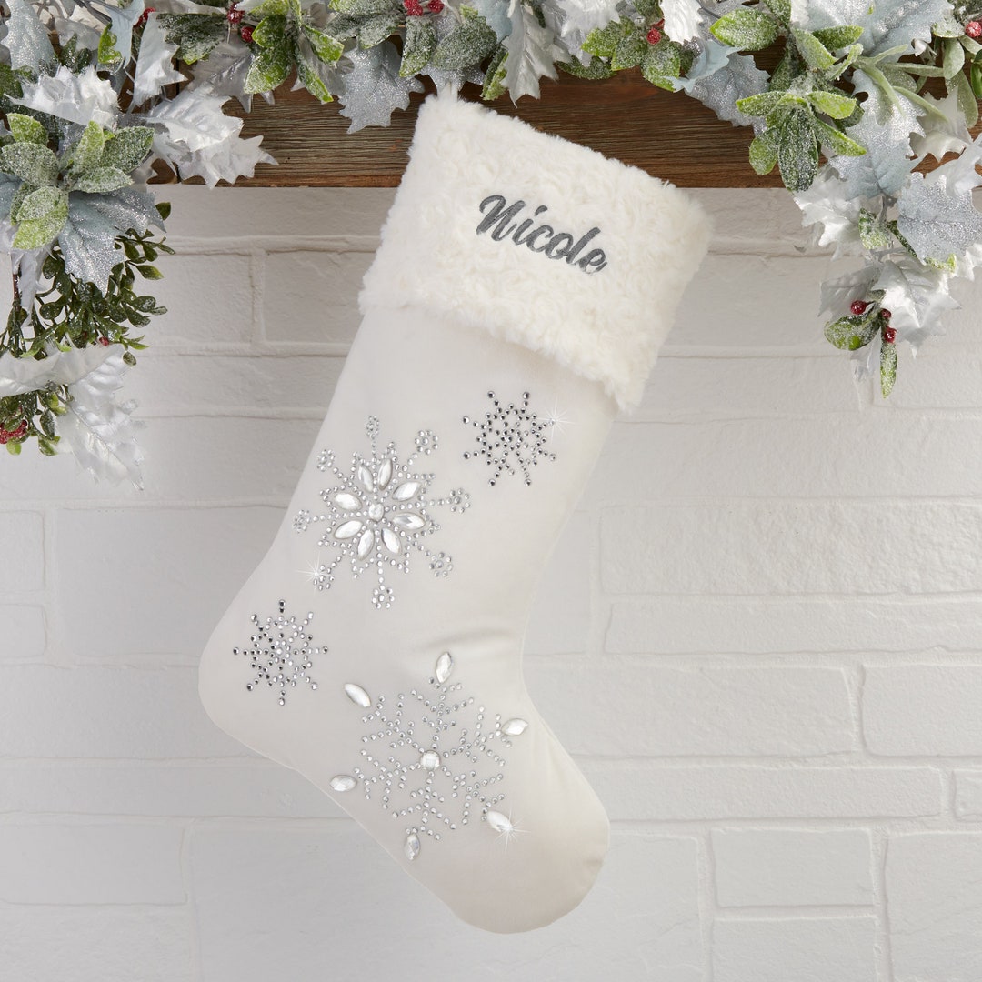 Season's Sparkle Embroidered Ivory Stocking, Custom Christmas Stocking ...