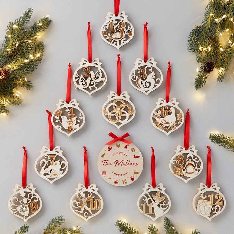 12 Days of Christmas Personalized Colored Wood Ornament Set, Christmas ...