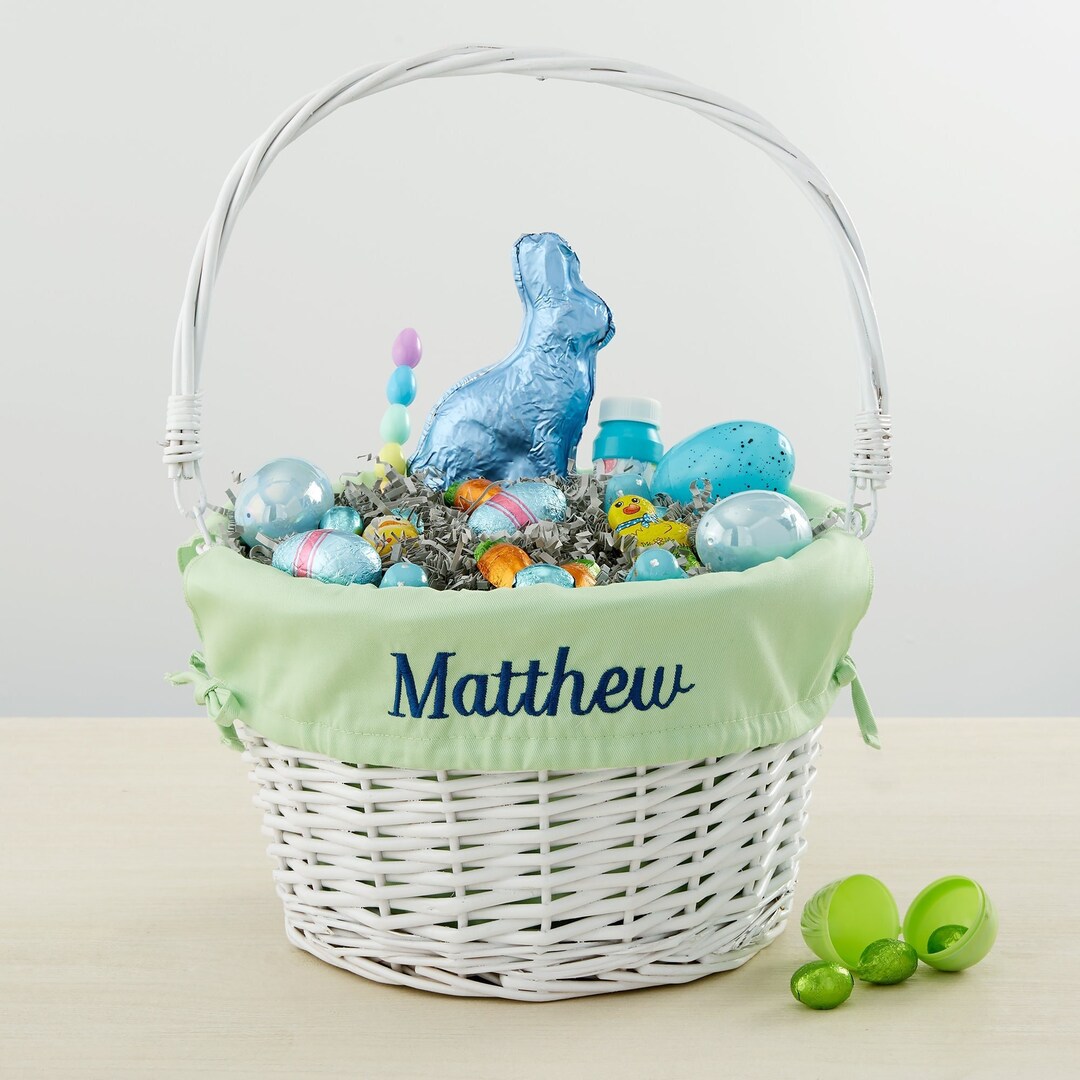Personalized Light Green Easter White Basket With Liner, Easter Baskets ...