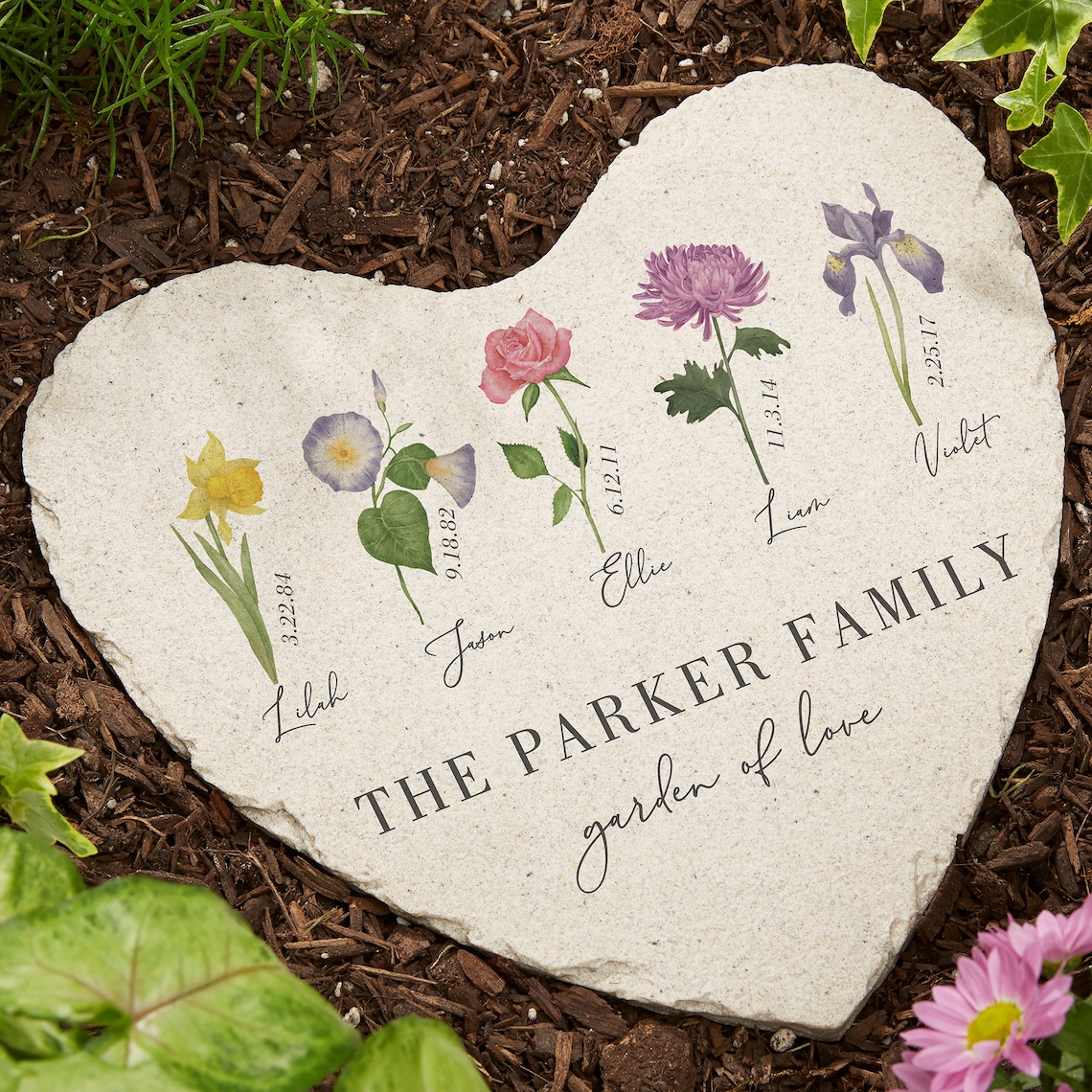 Birth Month Flower Personalized Large Heart Garden Stone - Etsy