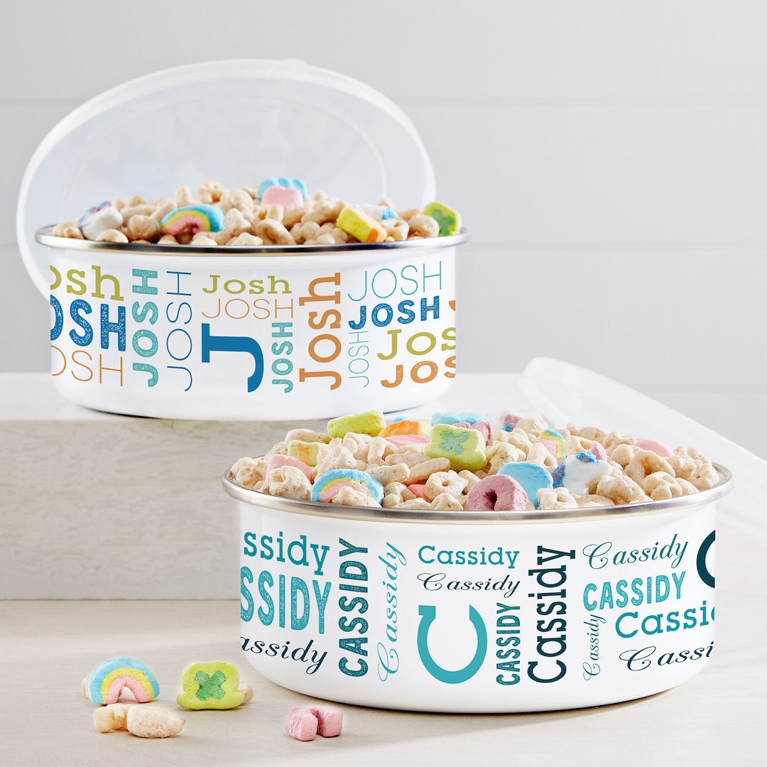 Trendy Repeating Name Personalized Enamel Bowl With Lid, Kids Snack ...