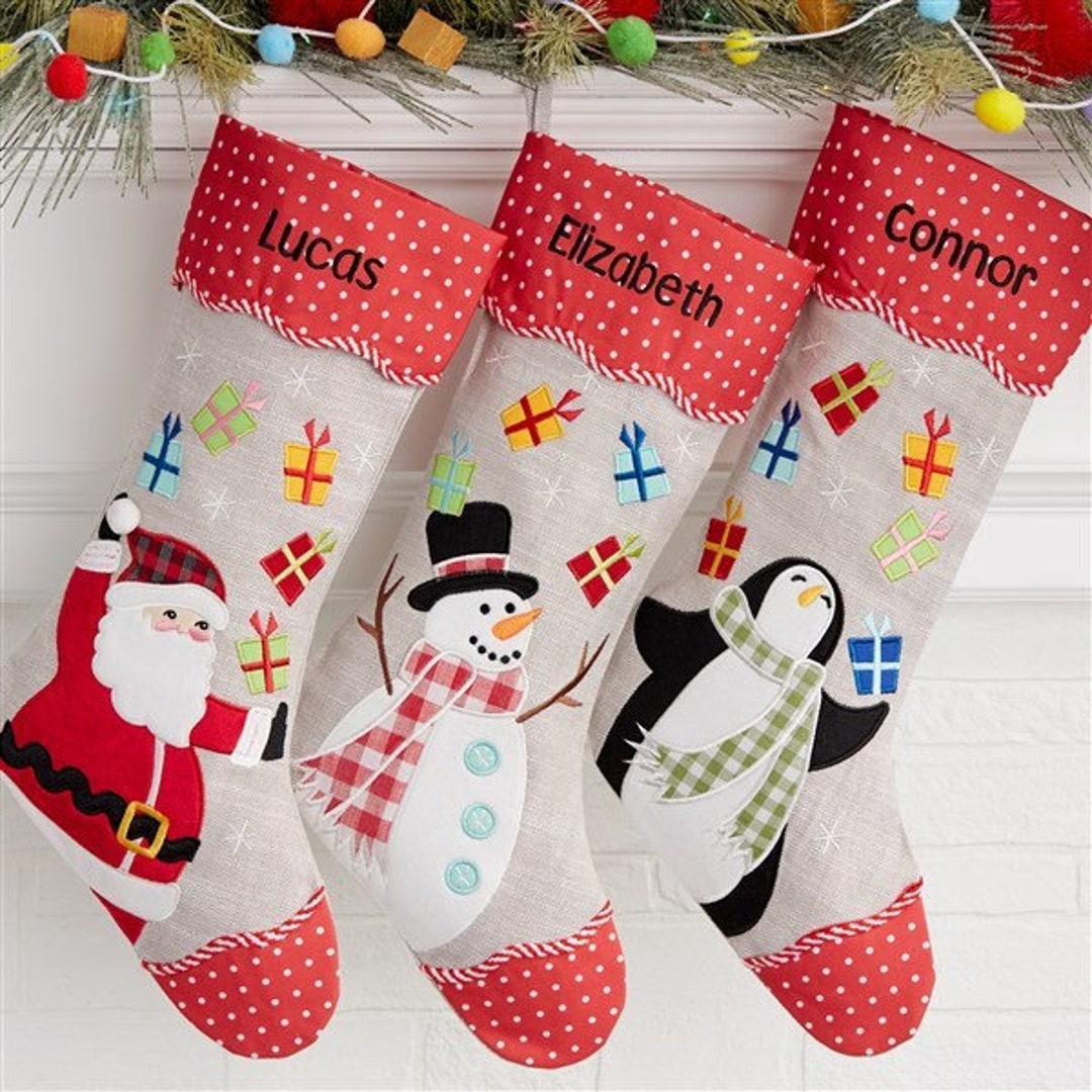 Polka Dot Character Personalized Christmas Stockings, Santa Stocking, Snowman Stocking, Penguin ...