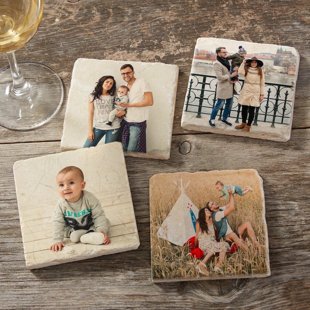 Photo Personalized Tumbled Stone Coaster Set of 4 for Family, Wedding ...
