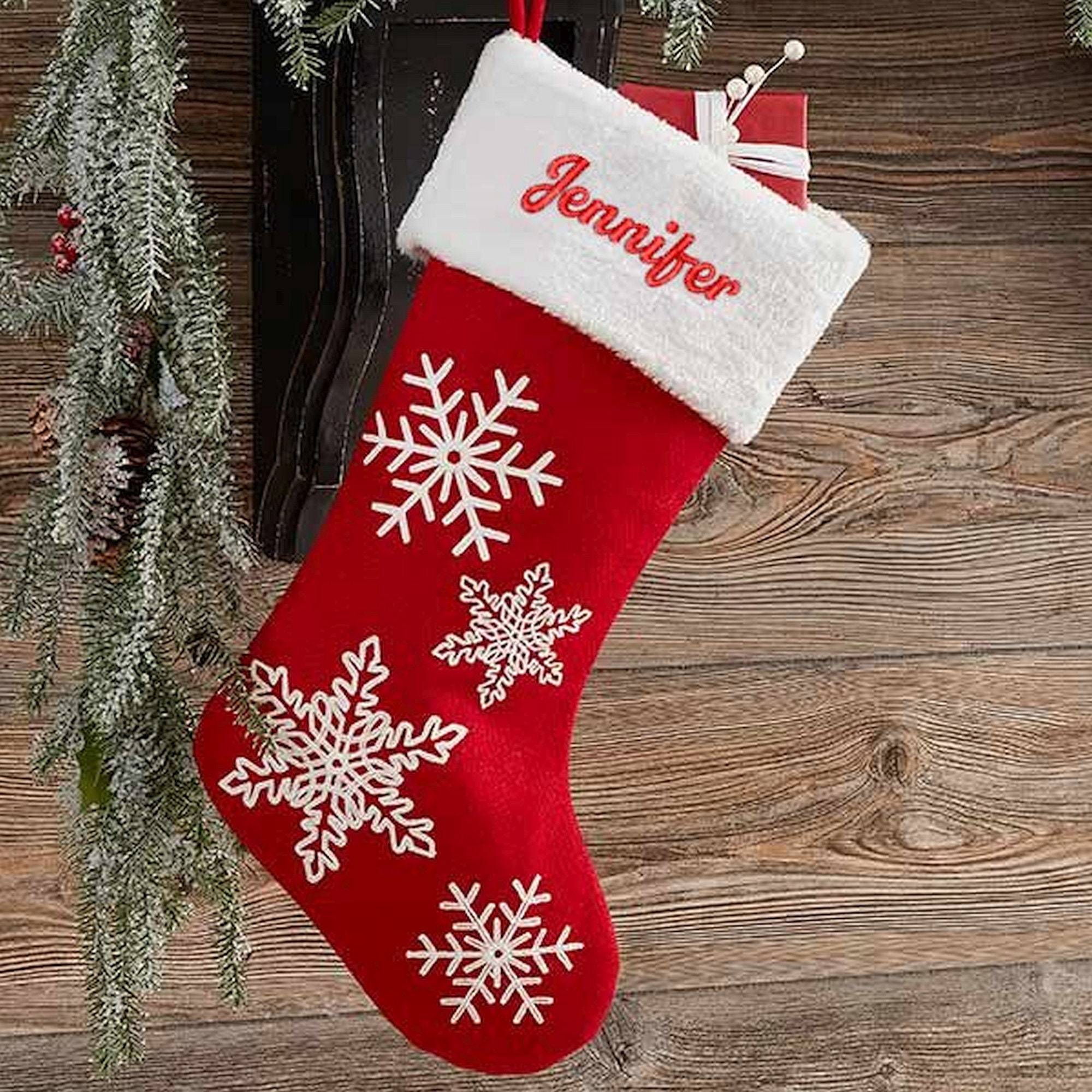 Red And White Snowflake Personalized Christmas Stocking Custom Etsy
