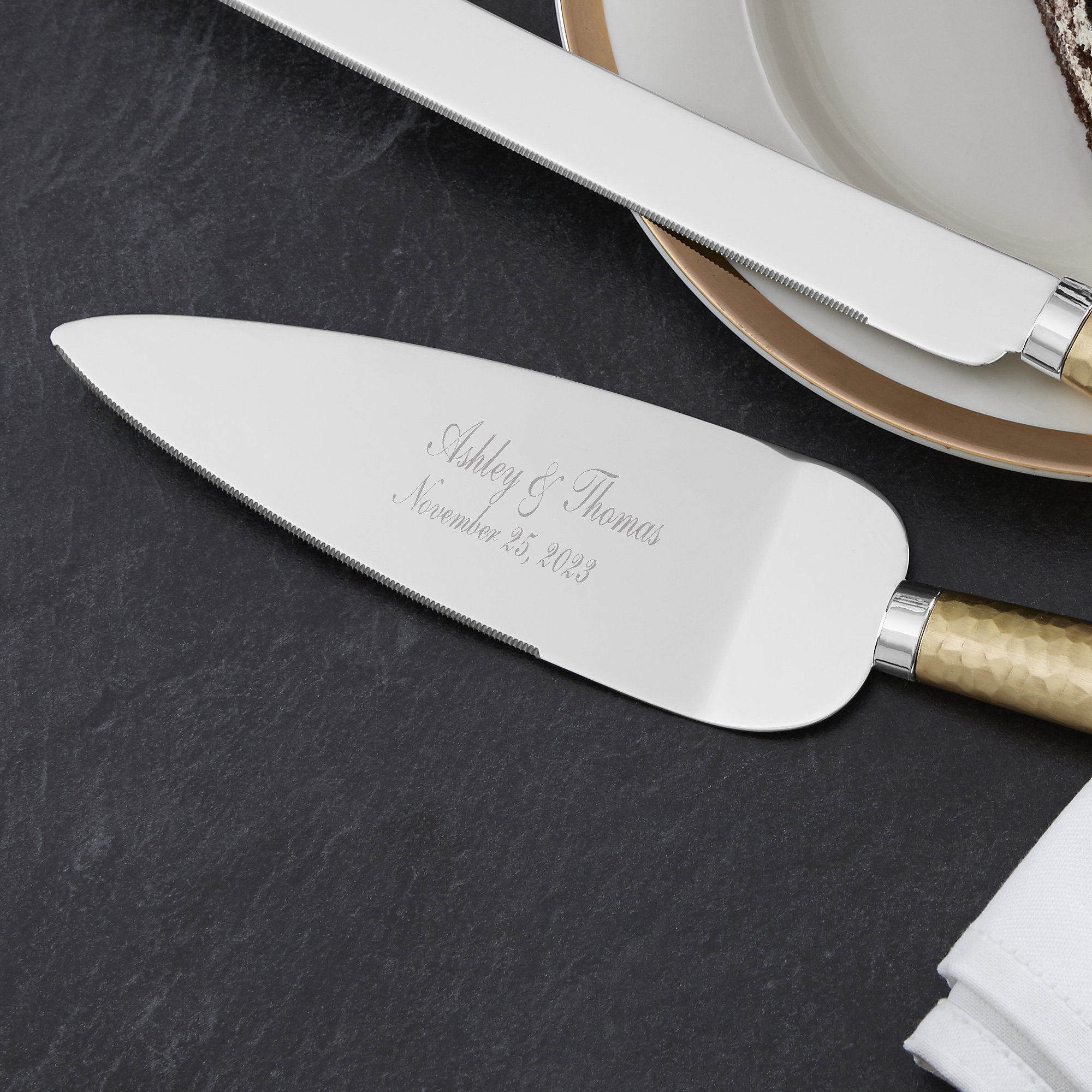 Gold Hammered Engraved Cake Knife & Server Set, Personalized Wedding ...