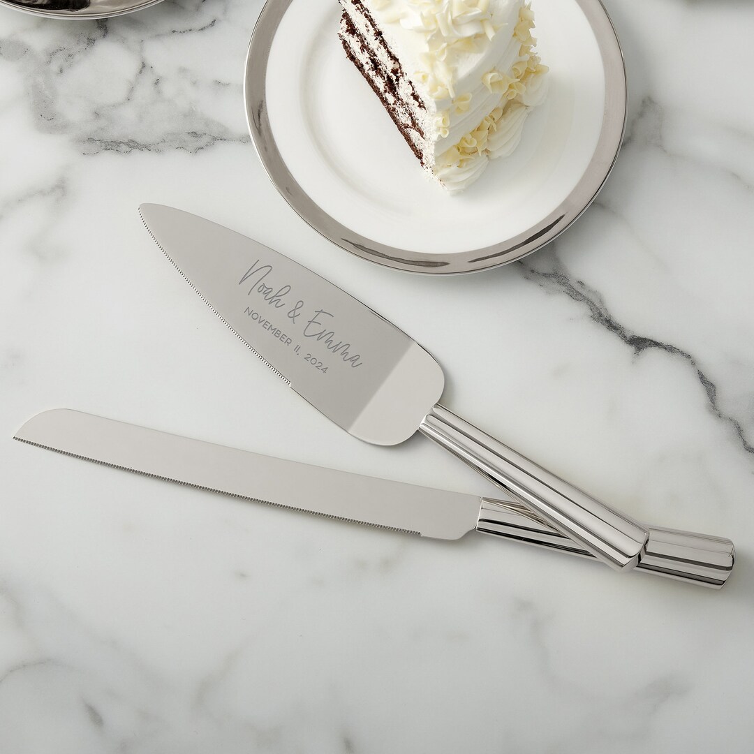 Modern Engraved Silver Cake Knife & Server Set, Personalized Wedding ...