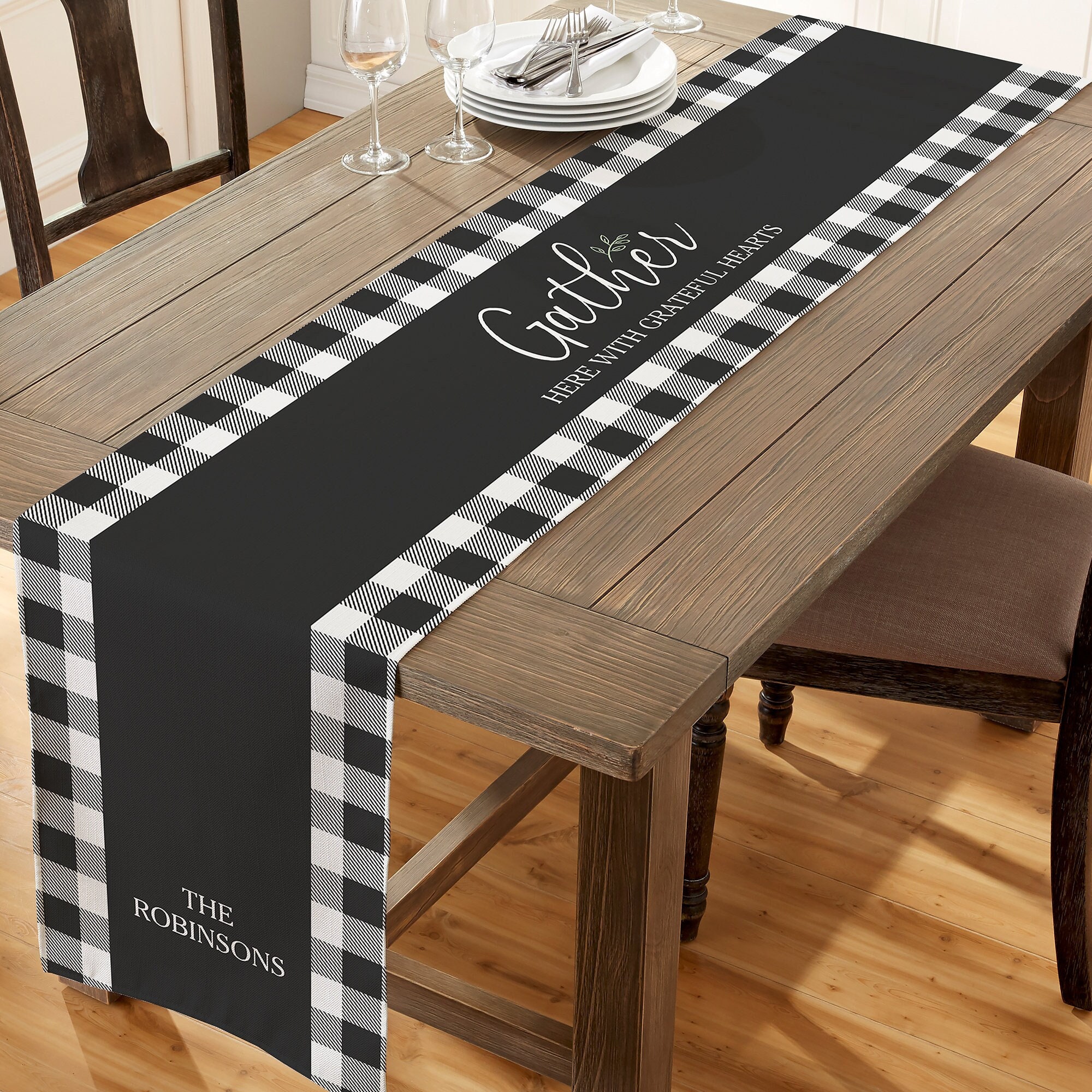 Black & White Buffalo Check Personalized Table Runner, Housewarming ...