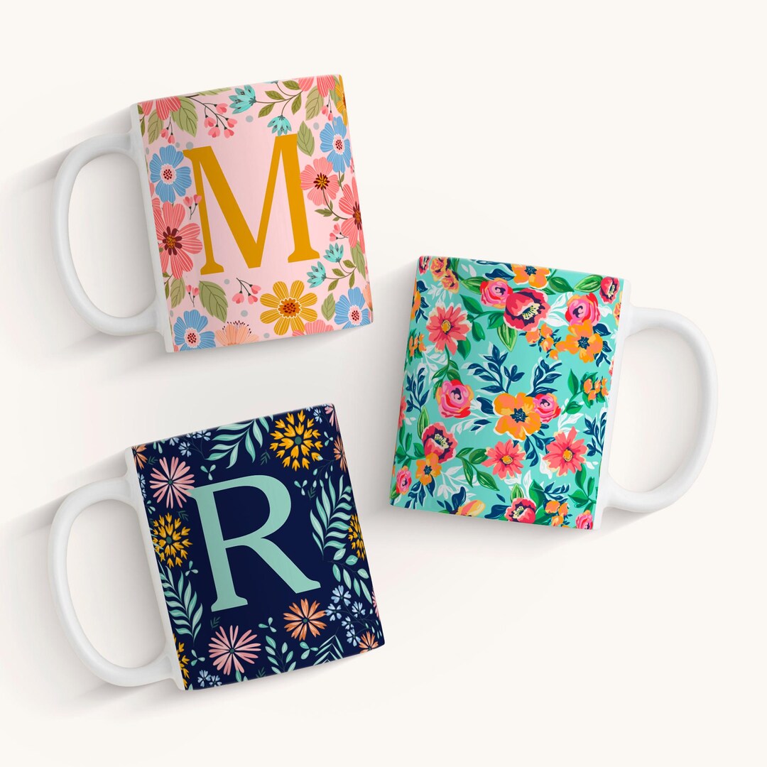 Flowery Initial Personalized Coffee Mug | Custom Floral Monogram Letter ...