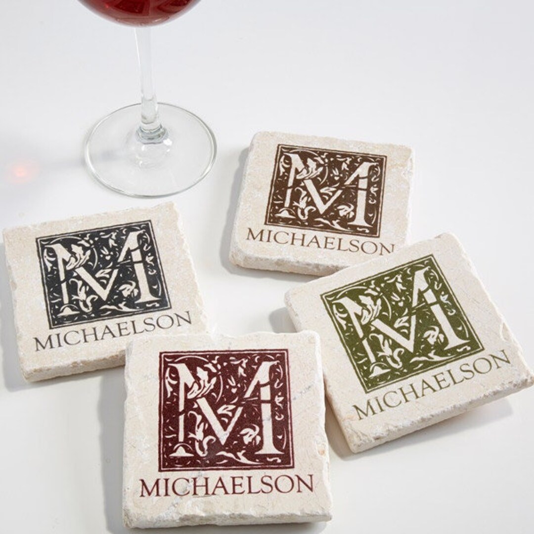 Floral Monogram Tumbled Stone Coaster Set, Gifts for Housewarming ...
