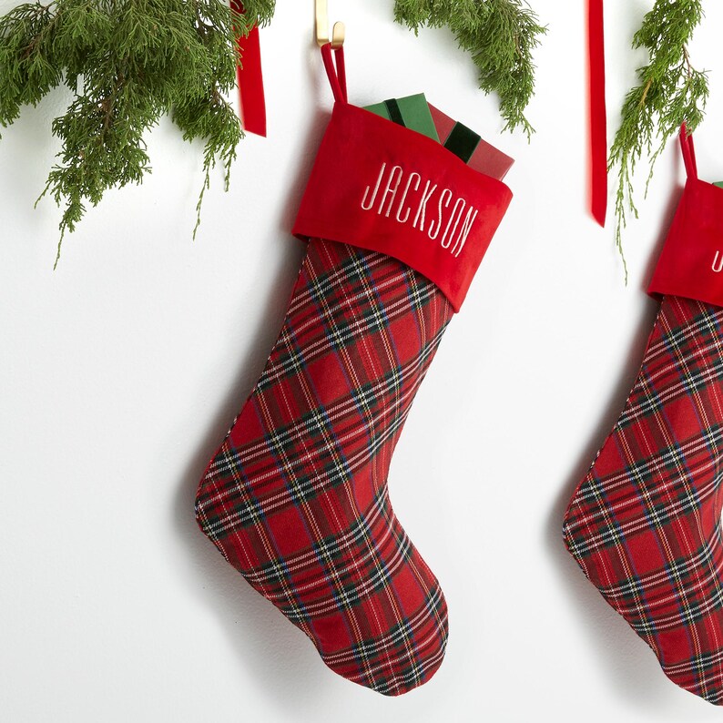 Personalized Red Plaid Christmas Stocking – Classic Embroidered ...