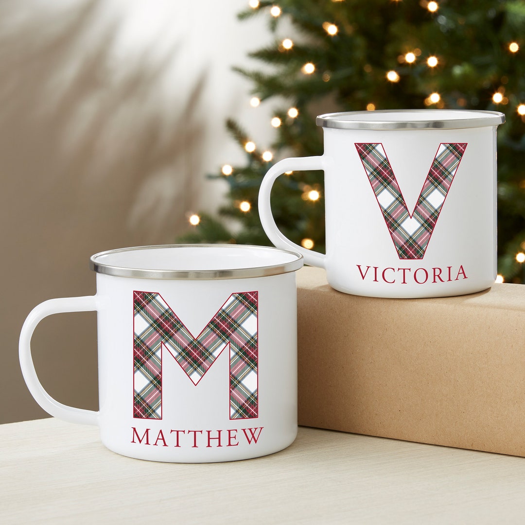 PS - Classic Holiday Plaid Personalized Enamel Mug, Christmas Mugs ...