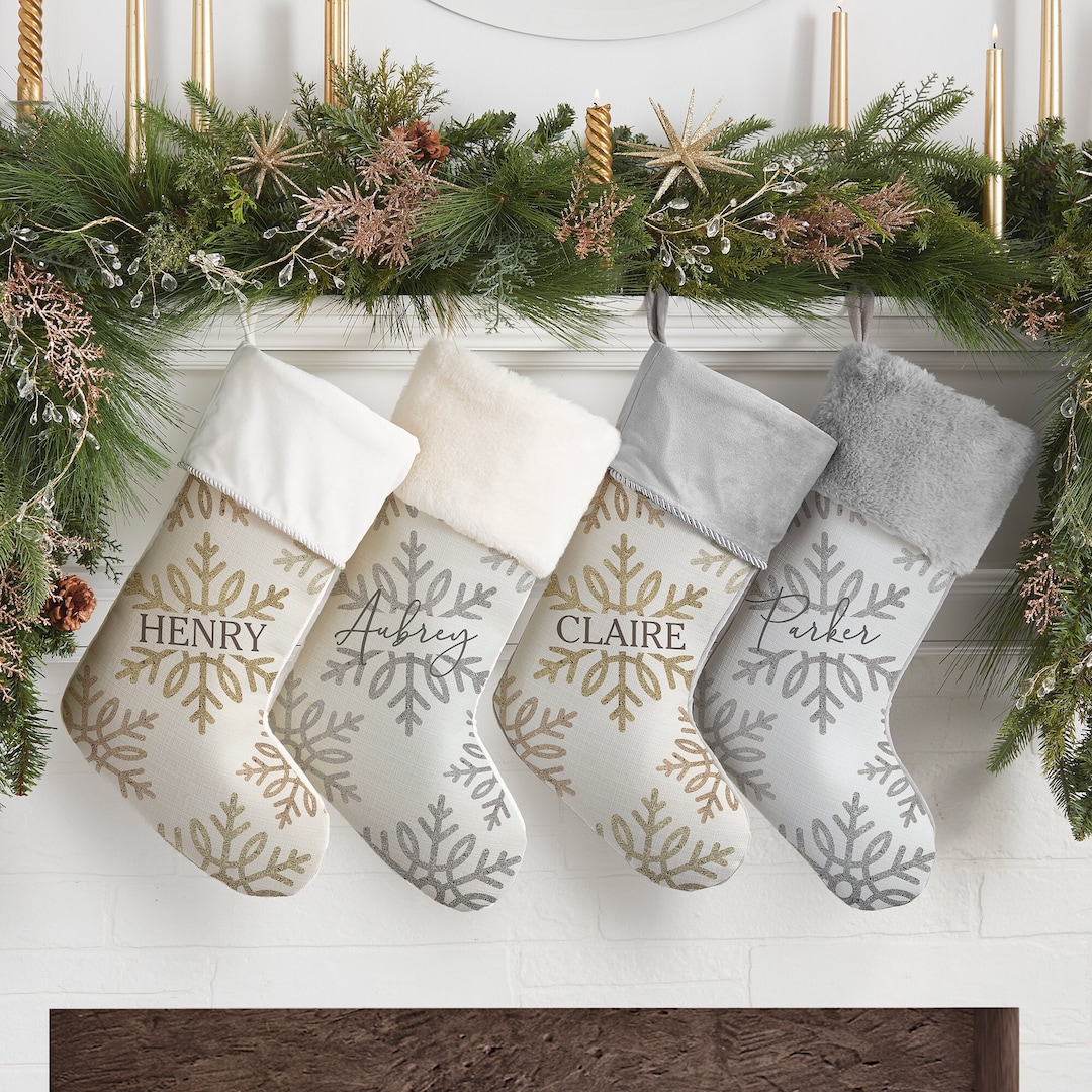 Silver and Gold Snowflakes Personalized Christmas Stockings, Christmas ...