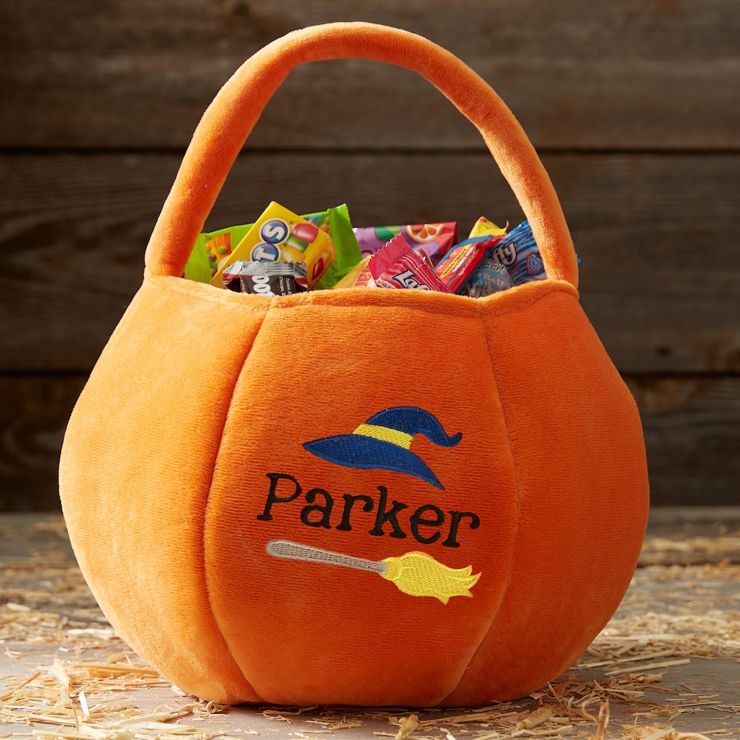 Witch Embroidered Orange Plush Halloween Treat Bag, Trick or Treat Bag ...