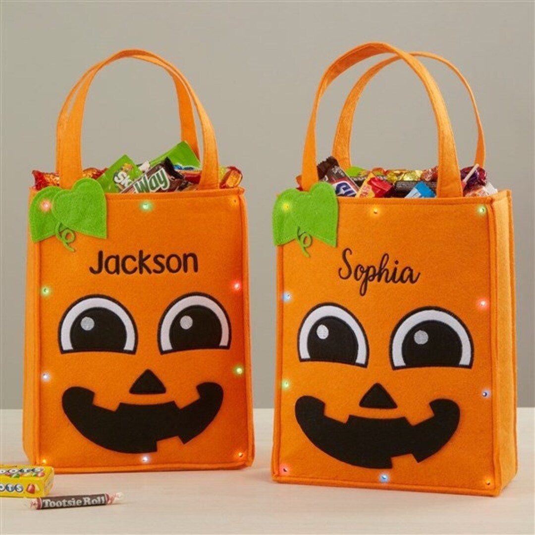 Pumpkin Embroidered Light up Halloween Treat Bag, Light-up Bag, Kids ...