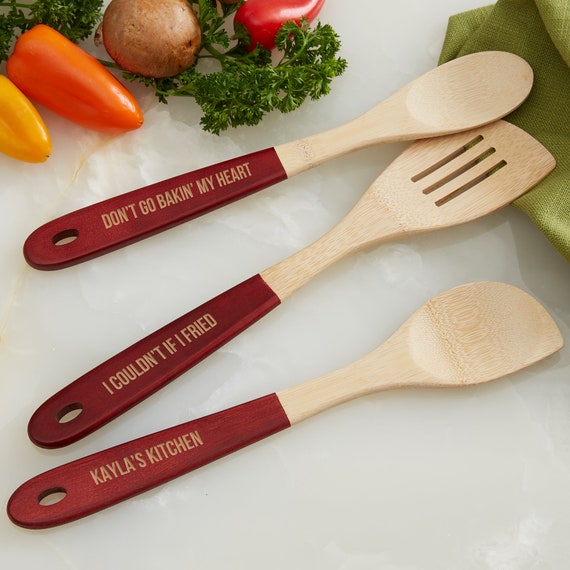 Personalized Red-handled Bamboo Cooking Utensils 3pc Set - Etsy
