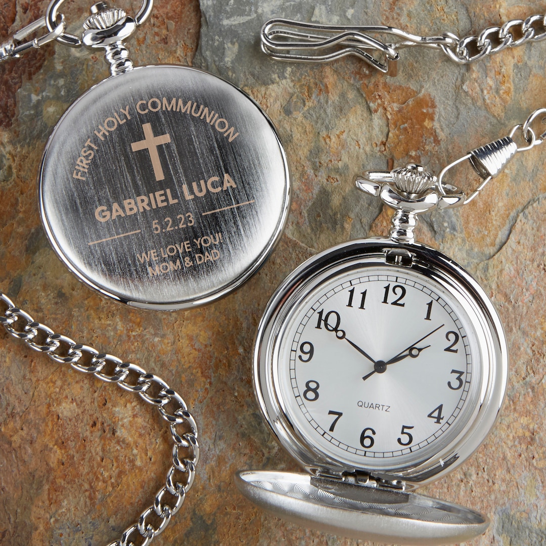 First Communion Engraved Silver Pocket Watch, Personalized Communion ...
