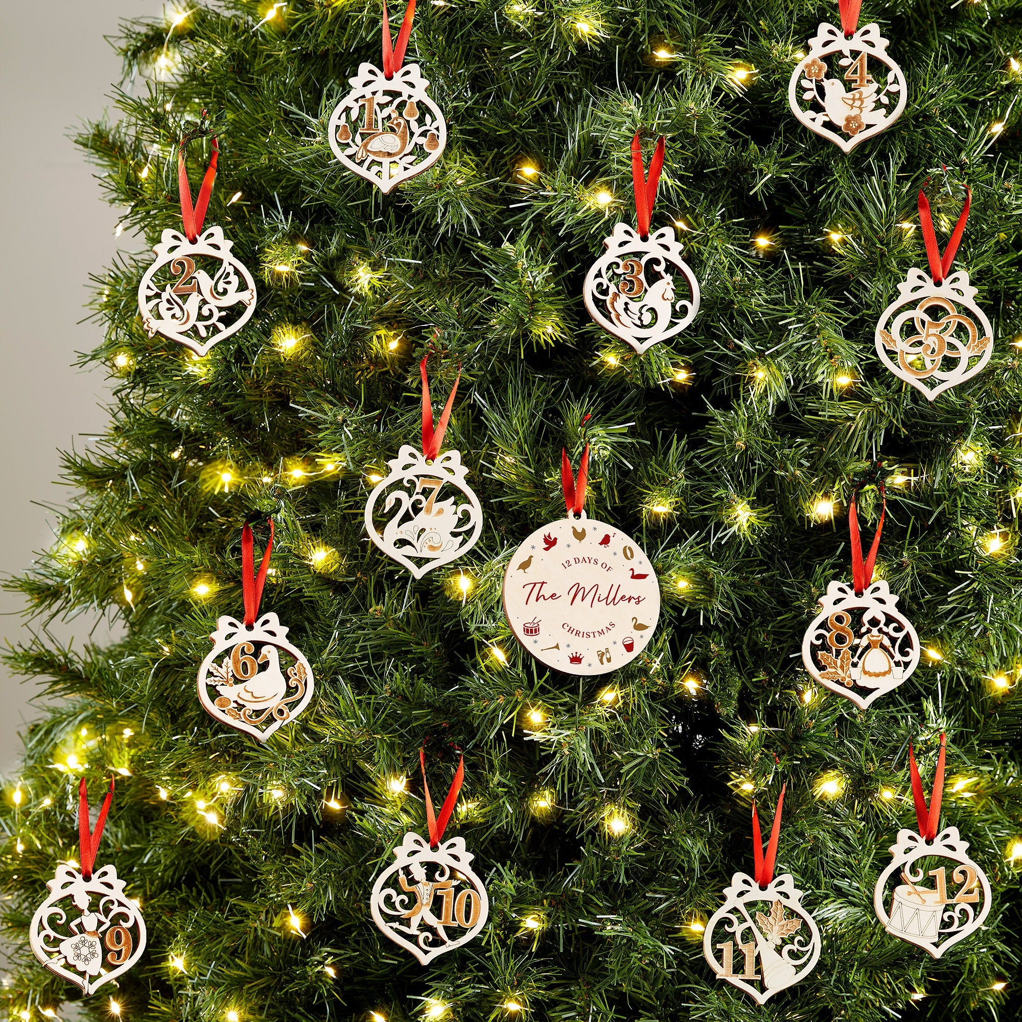 12 Days of Christmas Personalized Colored Wood Ornament Set, Christmas ...
