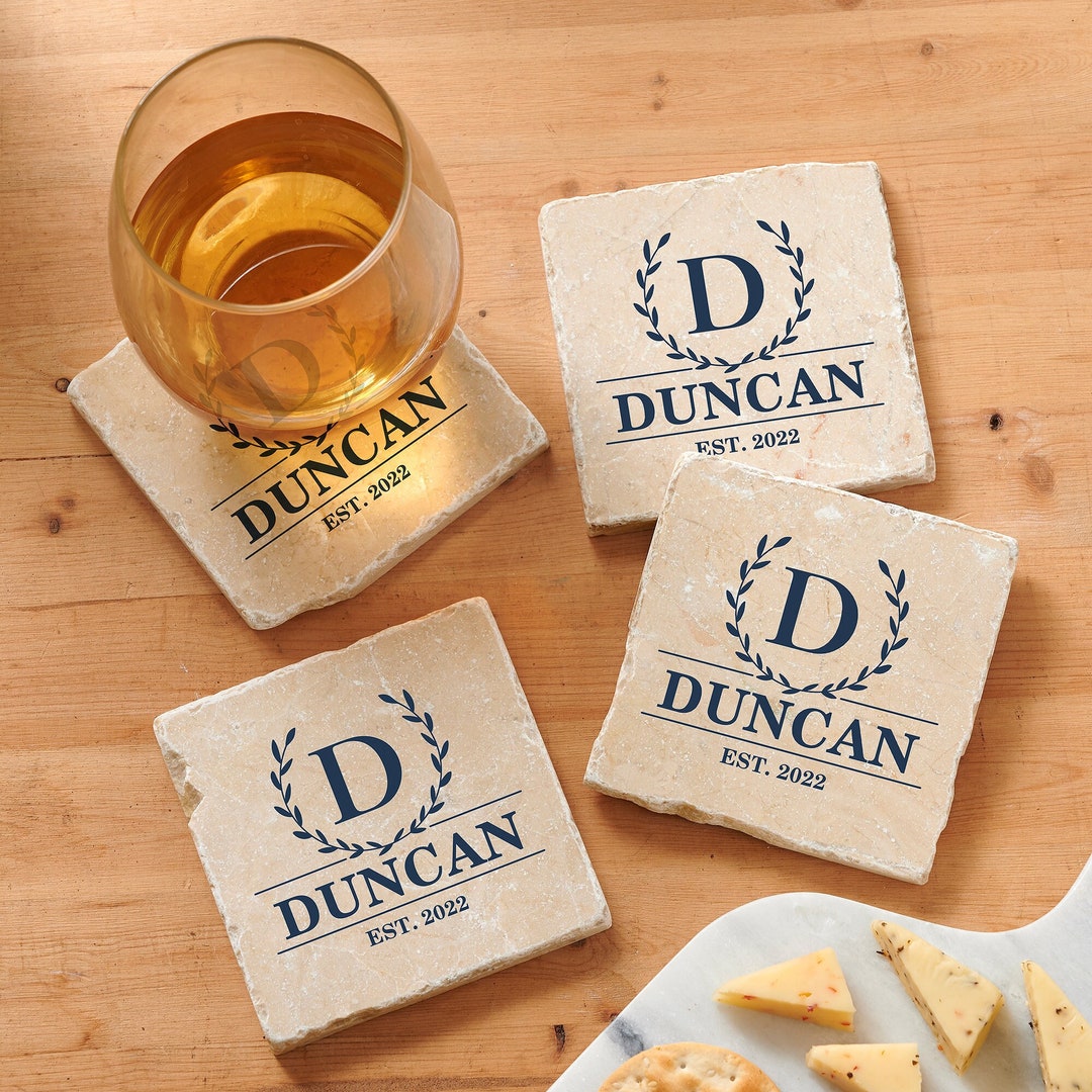 Laurel Initial Personalized Tumbled Stone Coaster Set, Wedding Gifts ...