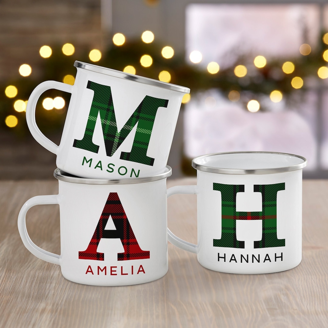 Plaid Initial Personalized Enamel Mug, Personalized Hot Cocoa Mug ...
