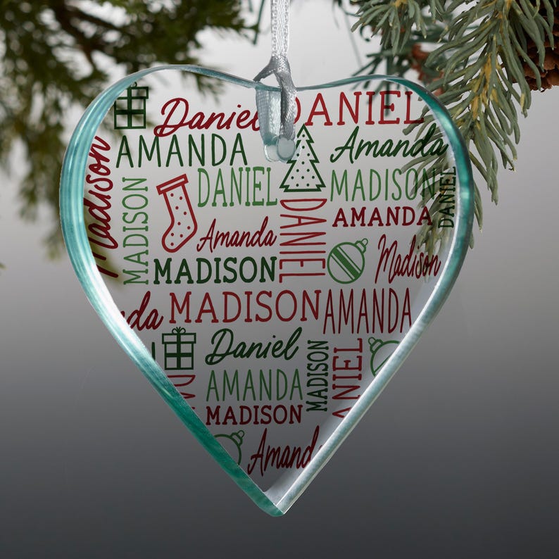 Holiday Repeating Name Personalized Glass Heart Ornament, Grandparent ...