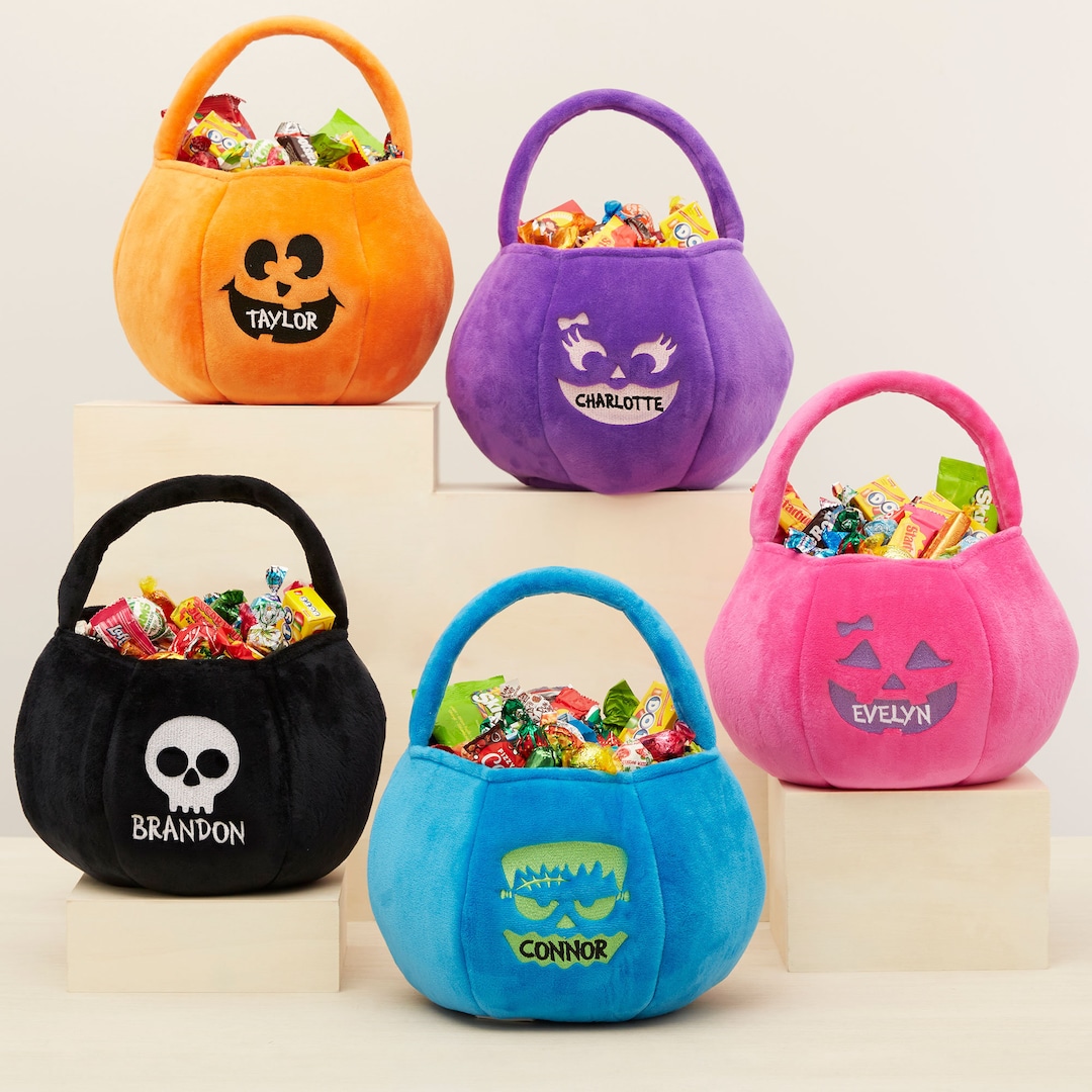 Jack-o'-lantern Faces Embroidered Plush Halloween Treat Bag, Kids ...