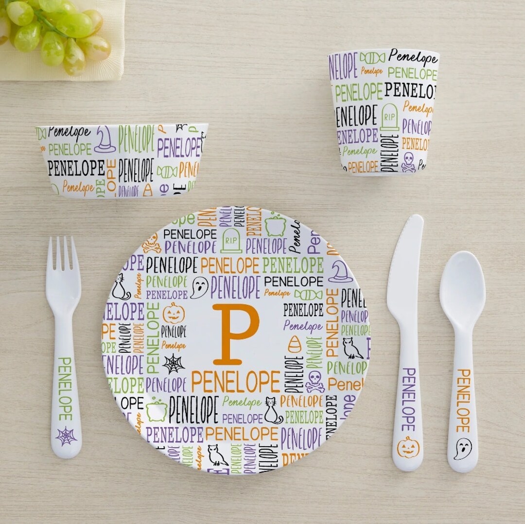 Halloween Repeating Name Personalized Kids Dinnerware, Halloween Gift ...