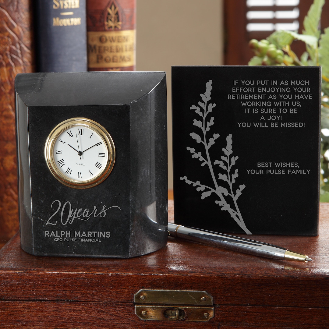 Retirement Personalized Marble Desk Clock, Custom Retirement Gifts ...