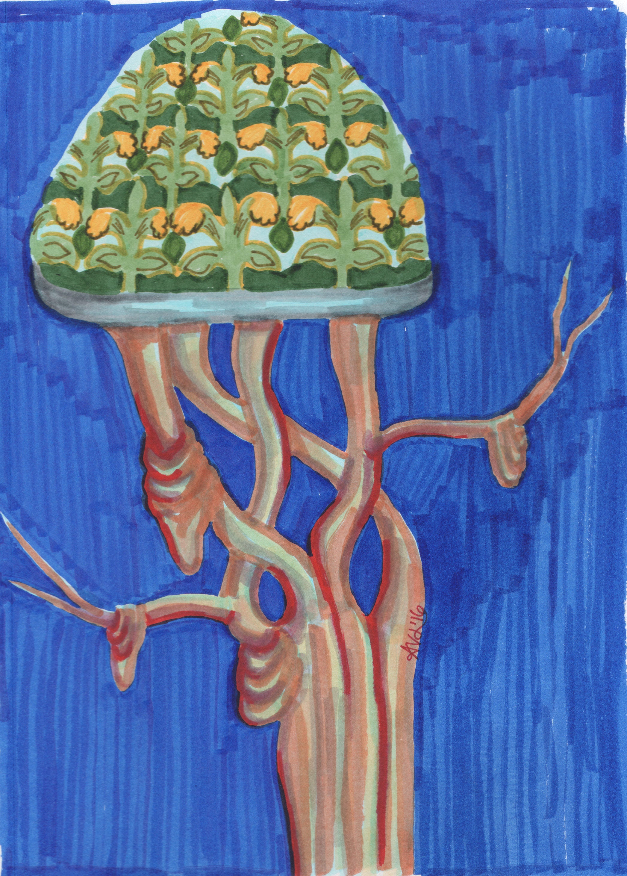 Blue Tree - Original Marker Drawing - Tree, Garden, Botanical, Medieval ...