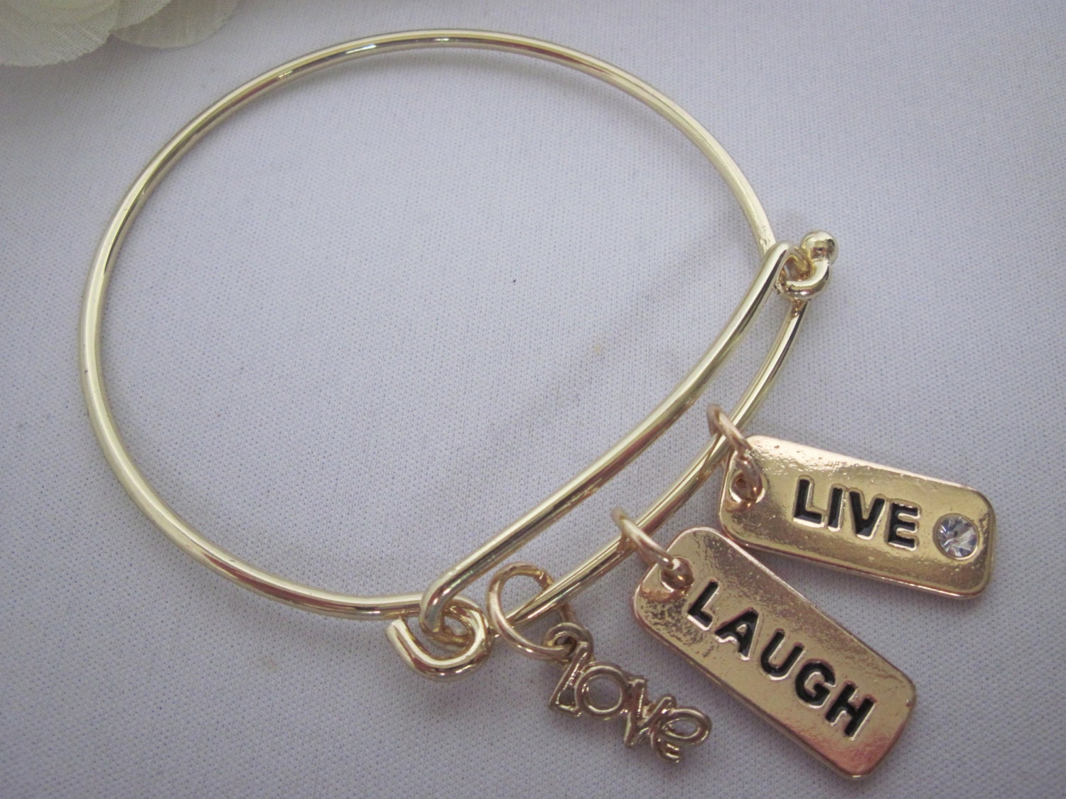 Live, Love, Laugh, Gold Bangle Bracelet, Inspirational, Sentimental ...